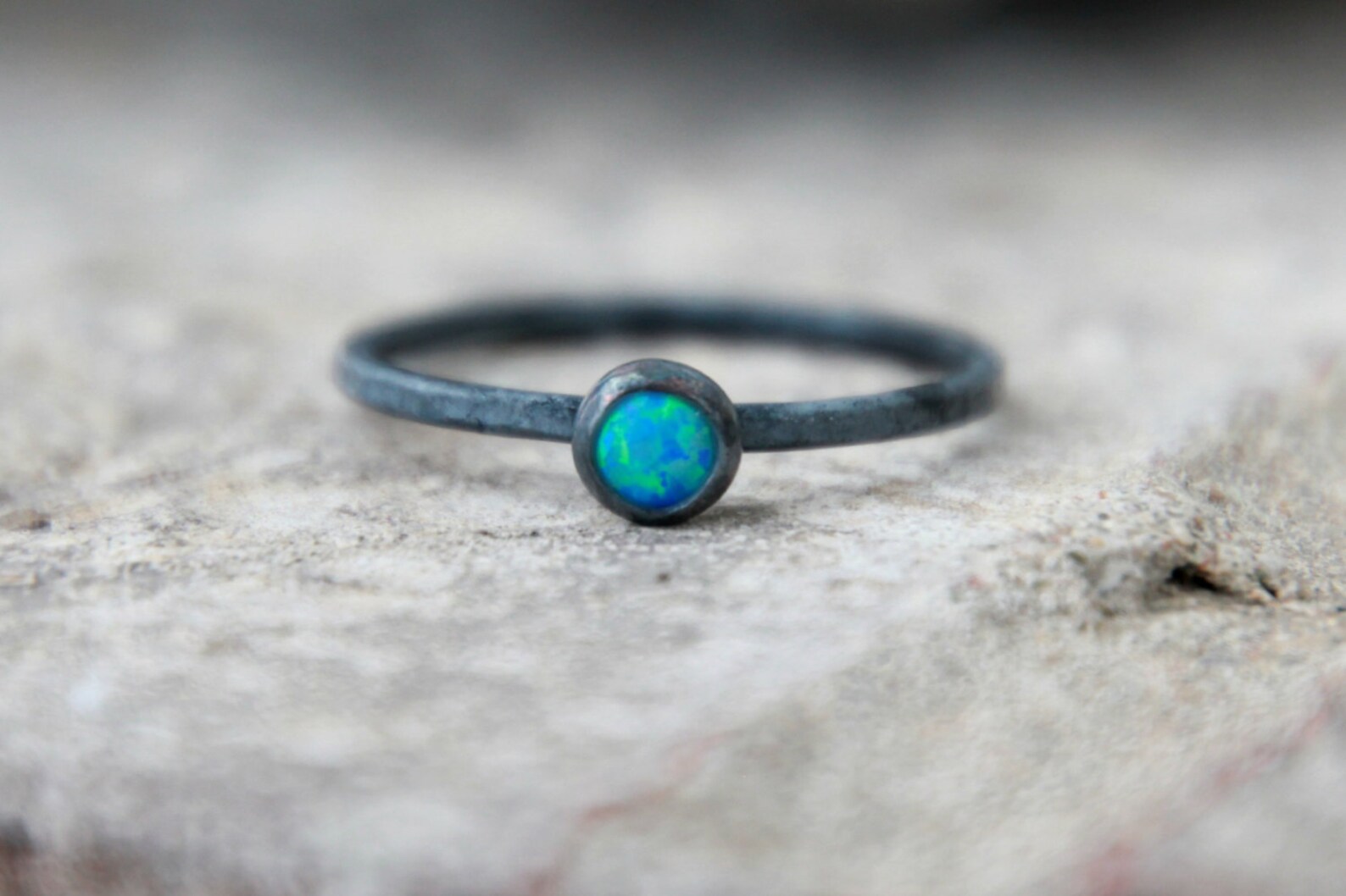 OXIDIZED OPAL RING - Opal Stacking Ring ~ Opal Ring - Sterling Opal Ring - Gemstone Ring - Black ...