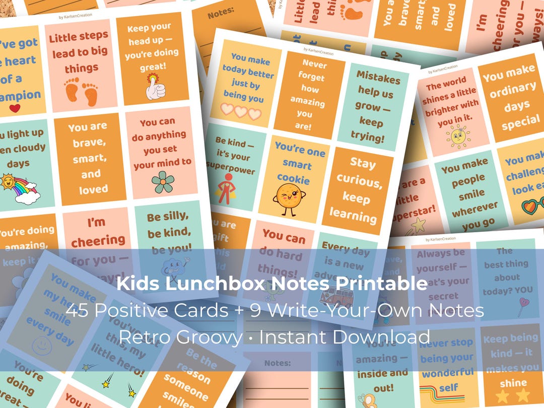 Kids Lunchbox Notes Printable, Cute Groovy Retro Lunch Notes for Kids ...
