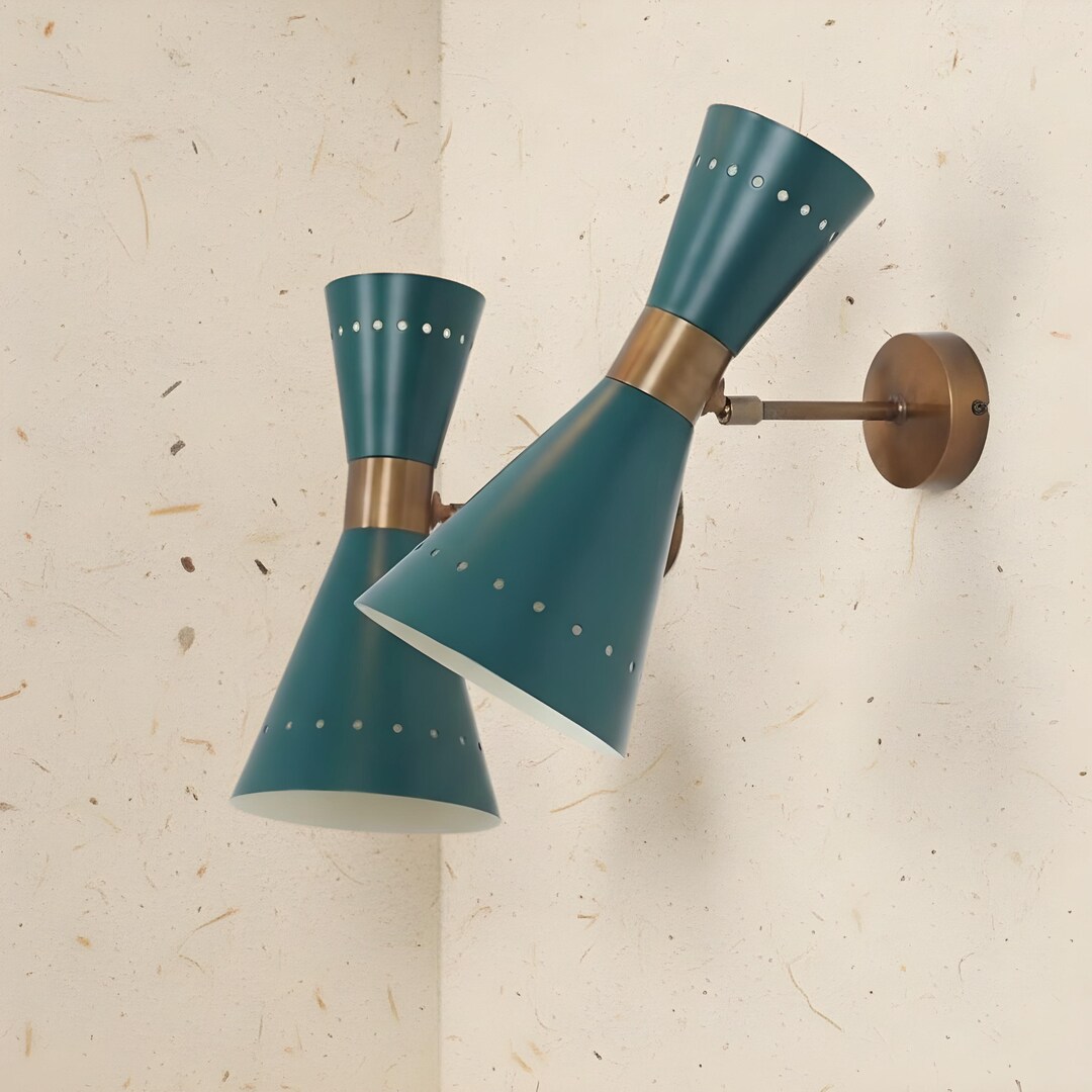 Mid Century Modern Teal Double Cone Wall Sconce, Adjustable Brass ...