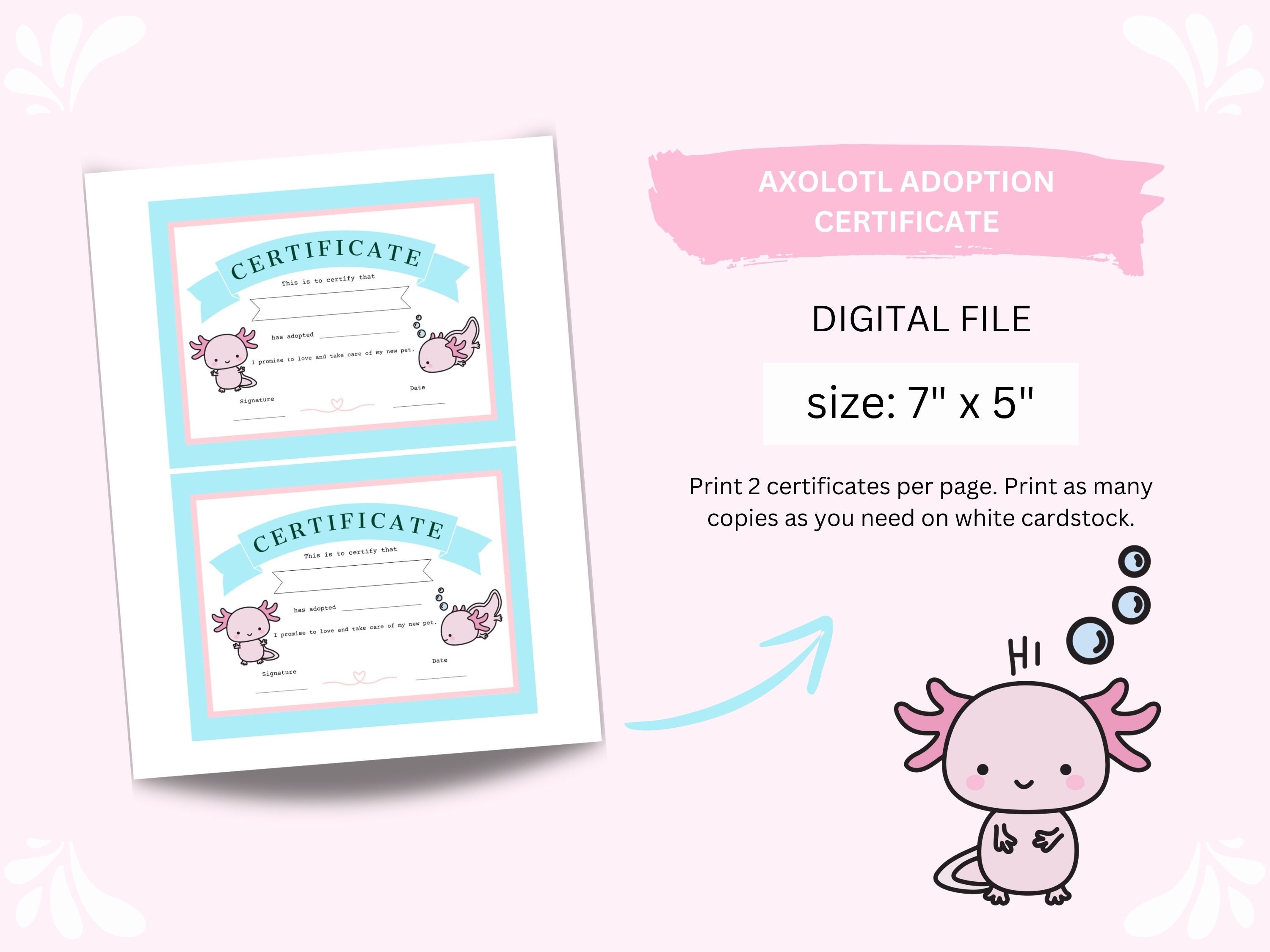Axolotl Party Adoption Certificate (digital) - Etsy