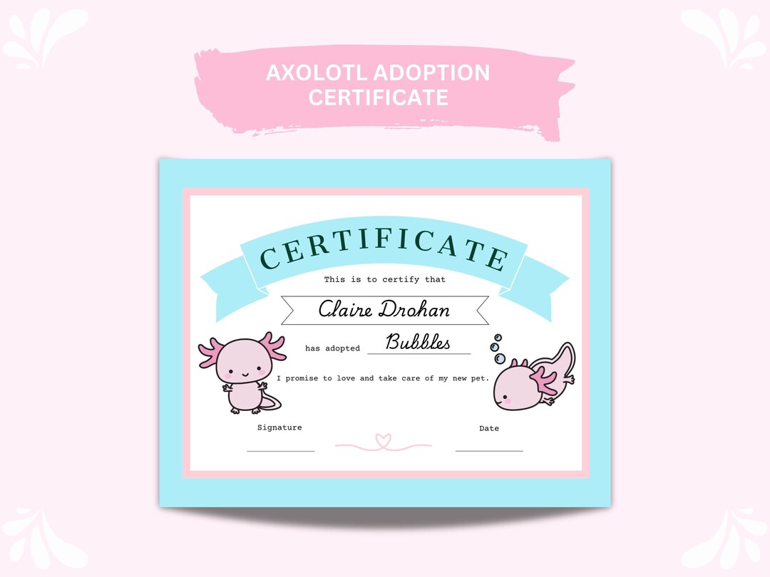Axolotl Party Adoption Certificate (digital) - Etsy