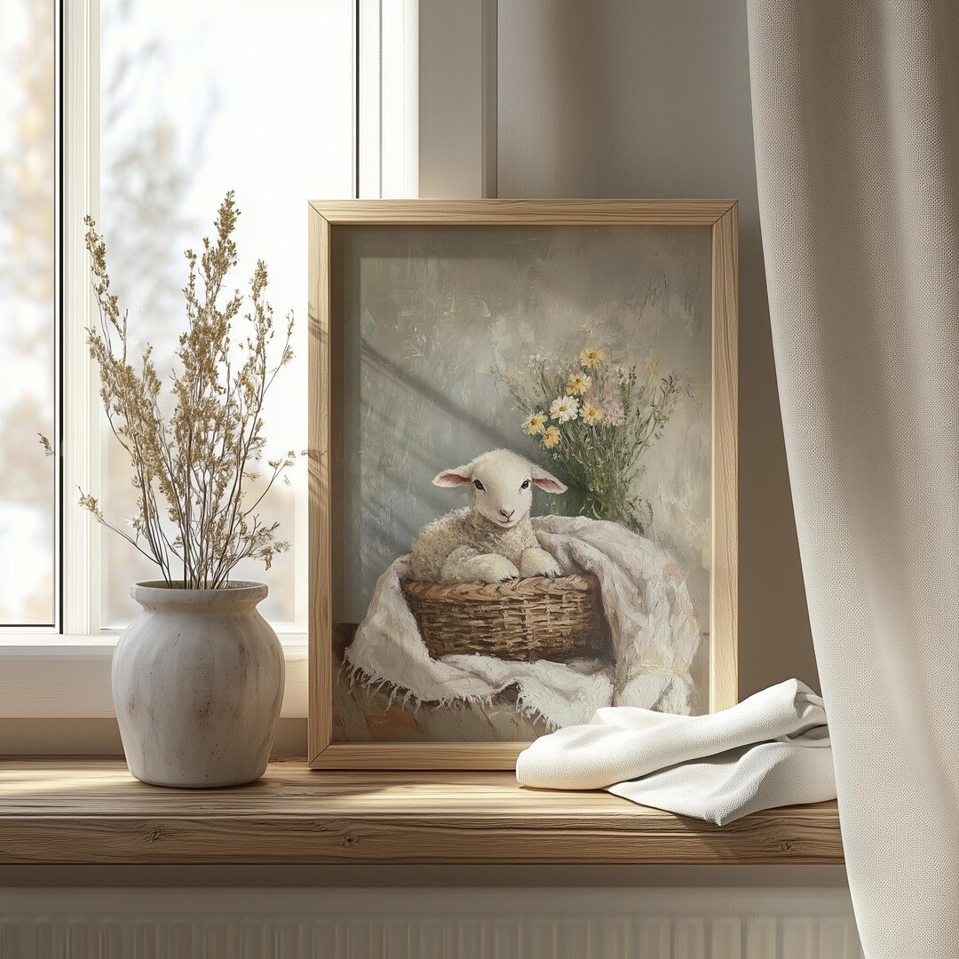 Cozy Lamb Nestled in Woven Basket Beside Gentle Flowers in Warm Artwork ...