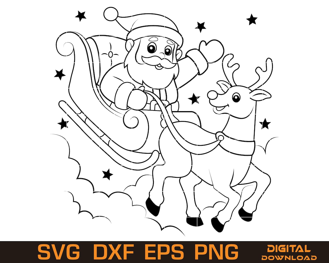 Santa Sleigh Reindeer Coloring Page | Christmas Line Art (svg, Png, Eps ...