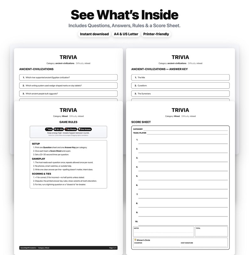 Trivia Quiz Bundle: Ancient Civilizations, Math Mysteries - Printable ...