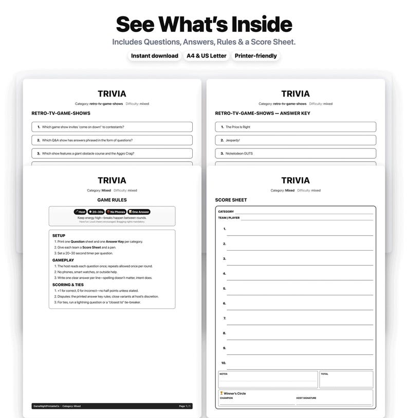 Printable Trivia Quiz: Pop Culture Themes - Retro TV, Hollywood Couples - Etsy