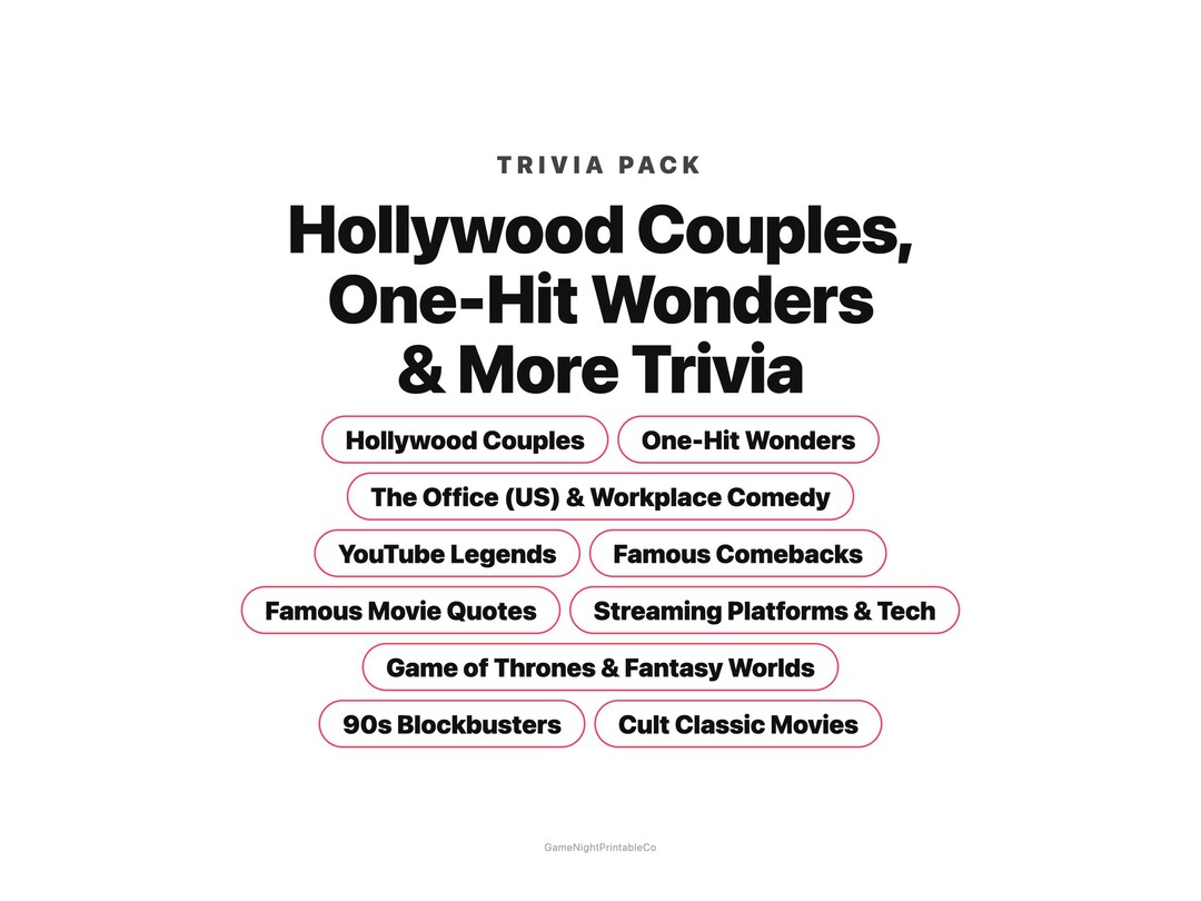 Pop Culture Trivia Printable: Hollywood Couples & One-hit Wonders - Etsy