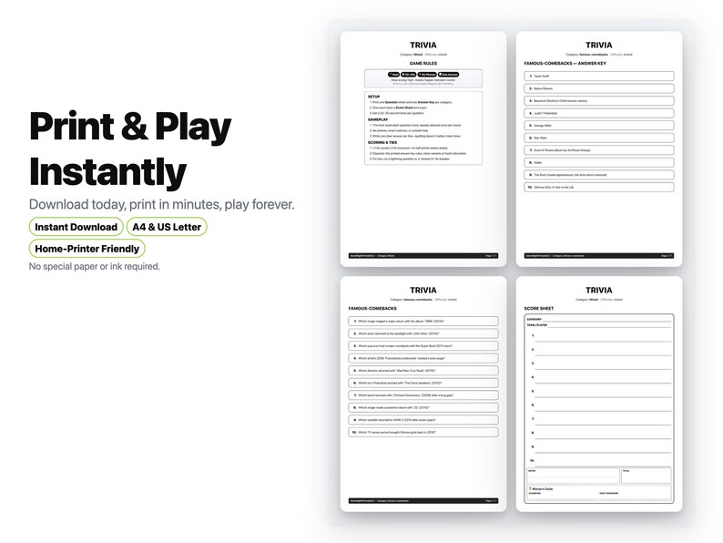Pop Culture Trivia Quiz Pack: Printable Party Games (10 Quizzes With ...