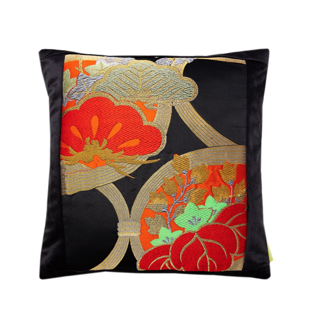 Black Silk Pillow With Gold and Red Pine Tree Kiri Pattern, Remade Antique Japanese Obi Silk ...