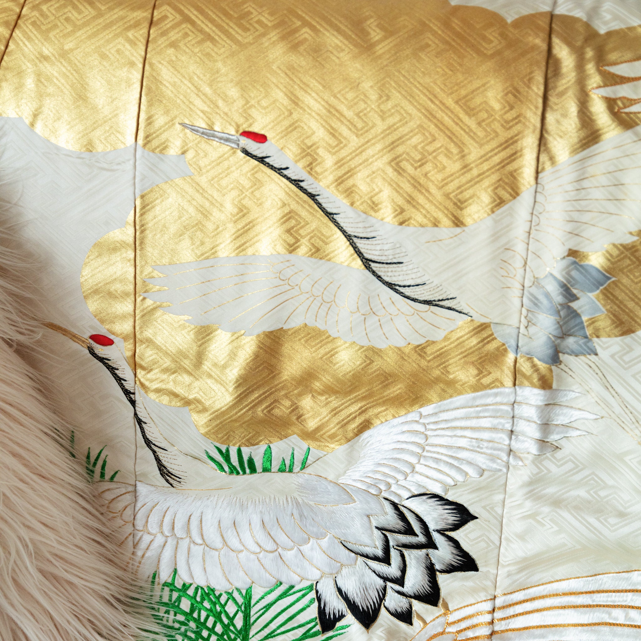 Wedding Kimono Throw, Vintage Japanese Silk Quilt, Cream Gold Uchikake ...
