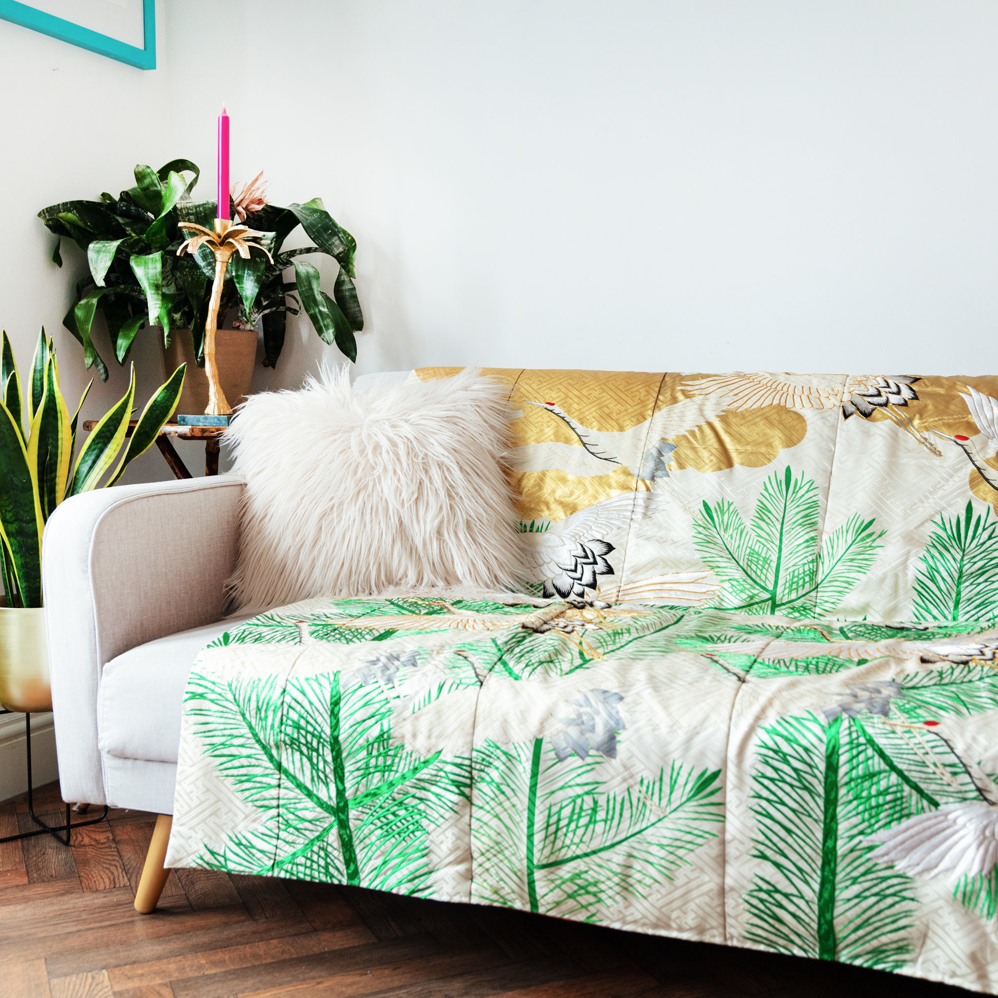 Wedding Kimono Throw, Vintage Japanese Silk Quilt, Cream Gold Uchikake ...