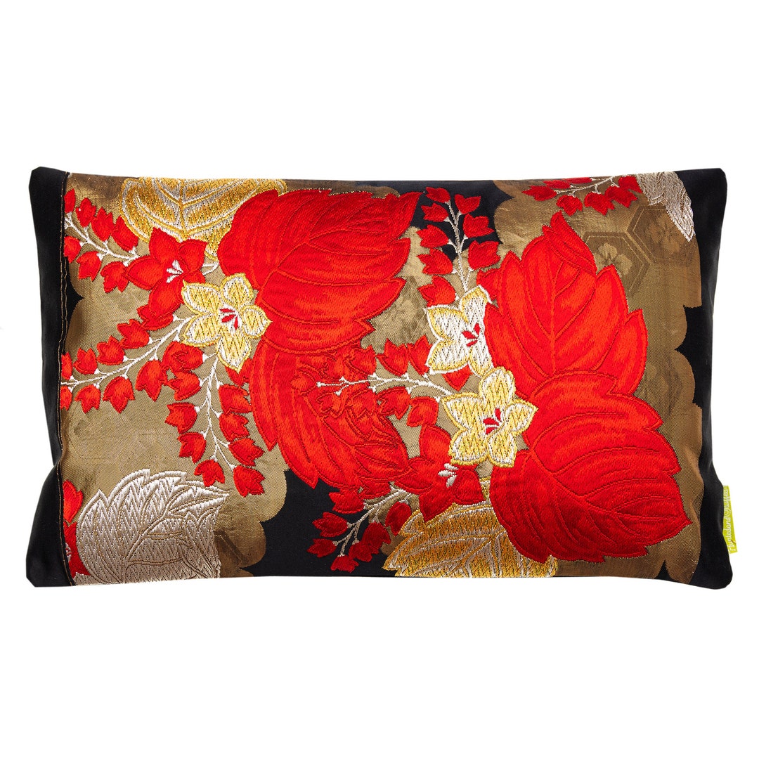 Black Silk Obi Pillow With Gold and Red Floral Embroidery. Designer ...