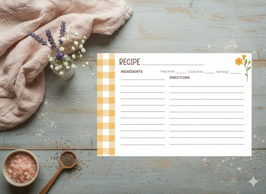 Rustic Farmhouse Recipe Card Template: Yellow Gingham, Floral Design ...