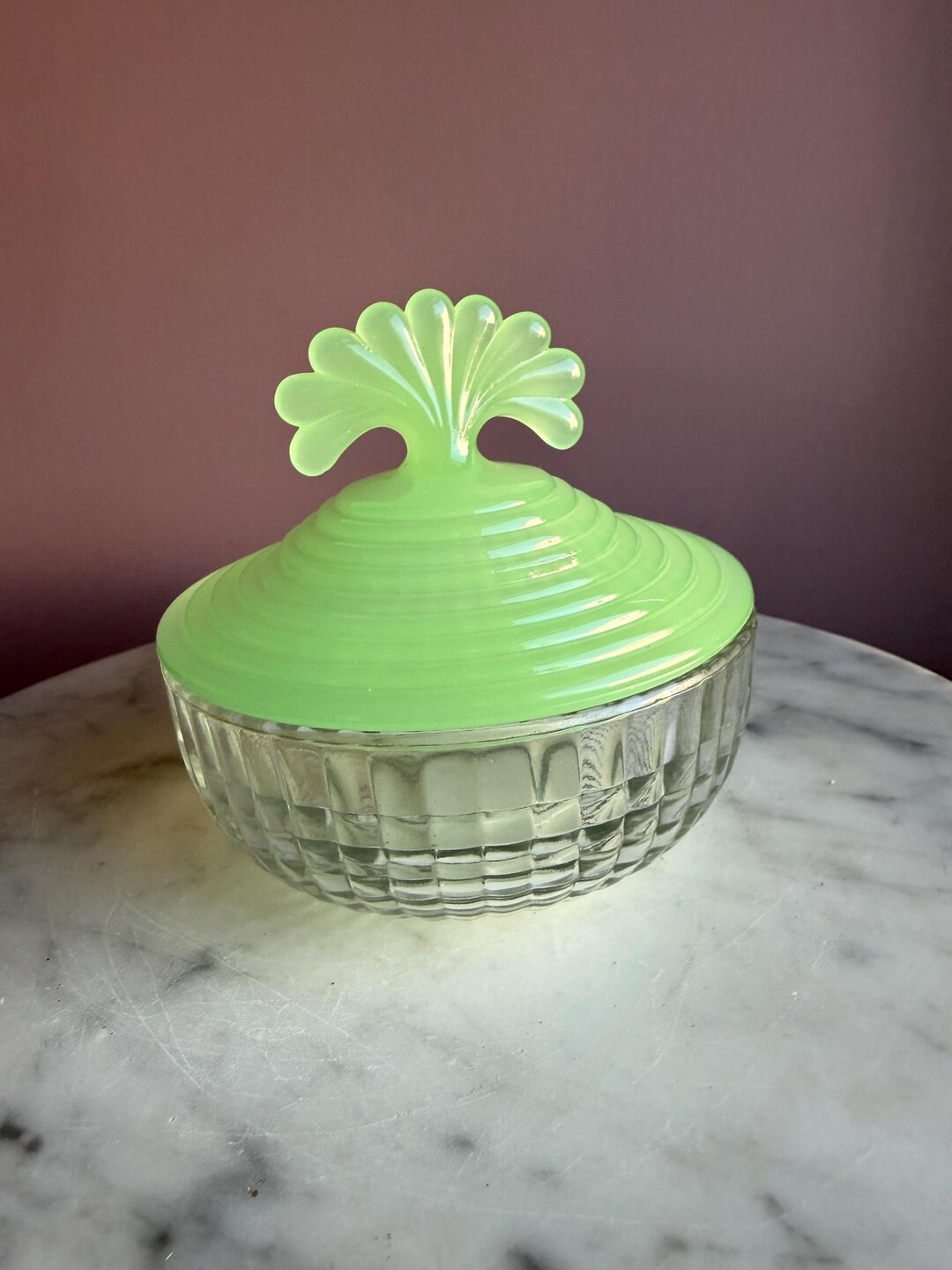 Vintage Art Deco Green Glass Powder Box | Jadeite Vanity Jar - Etsy