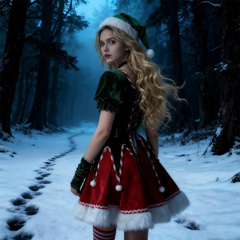 Gothic Christmas Elf Costume Set | Green Red Velvet Elf Dress With Hat ...