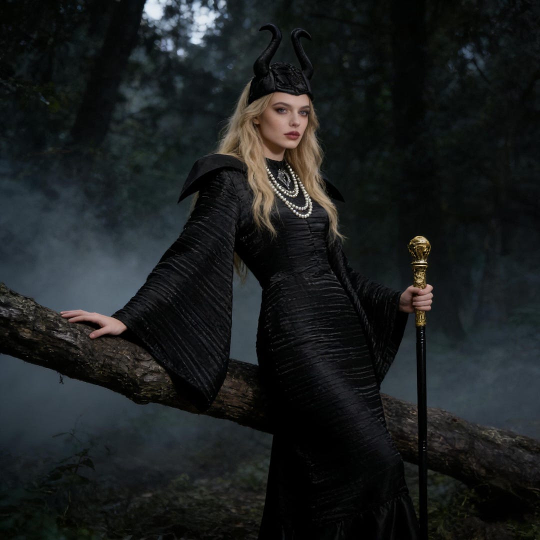 Maleficent-inspired Dark Fairy Costume - Black Horned Gown With Staff ...