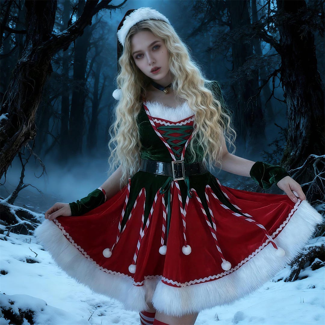 Gothic Elf Costume Set | Green Red Velvet Elf Dress With Hat ...