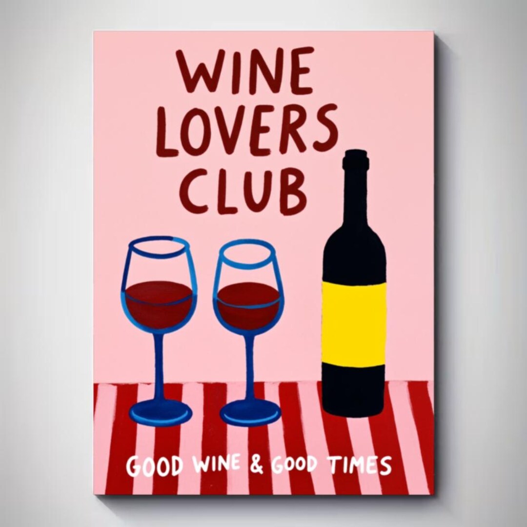 Wine Lovers Club Print – Abstract Red Wine Bottle, Glasses, Kitchen Bar ...