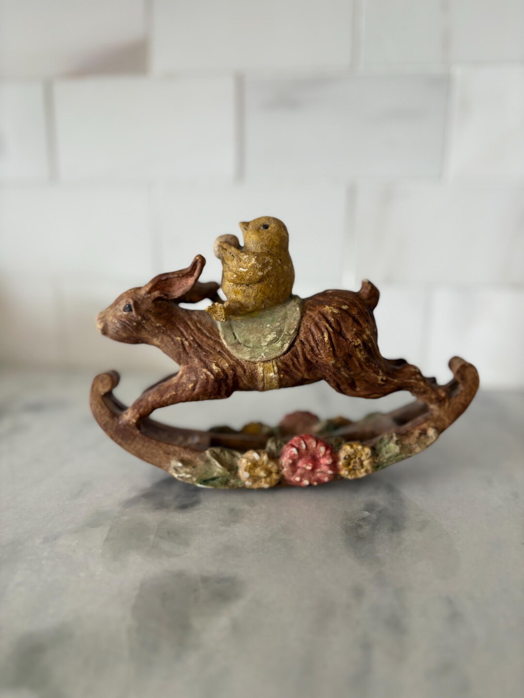 Vintage Rocking Bunny With Chick Figurine – Easter Spring Decor –rustic ...