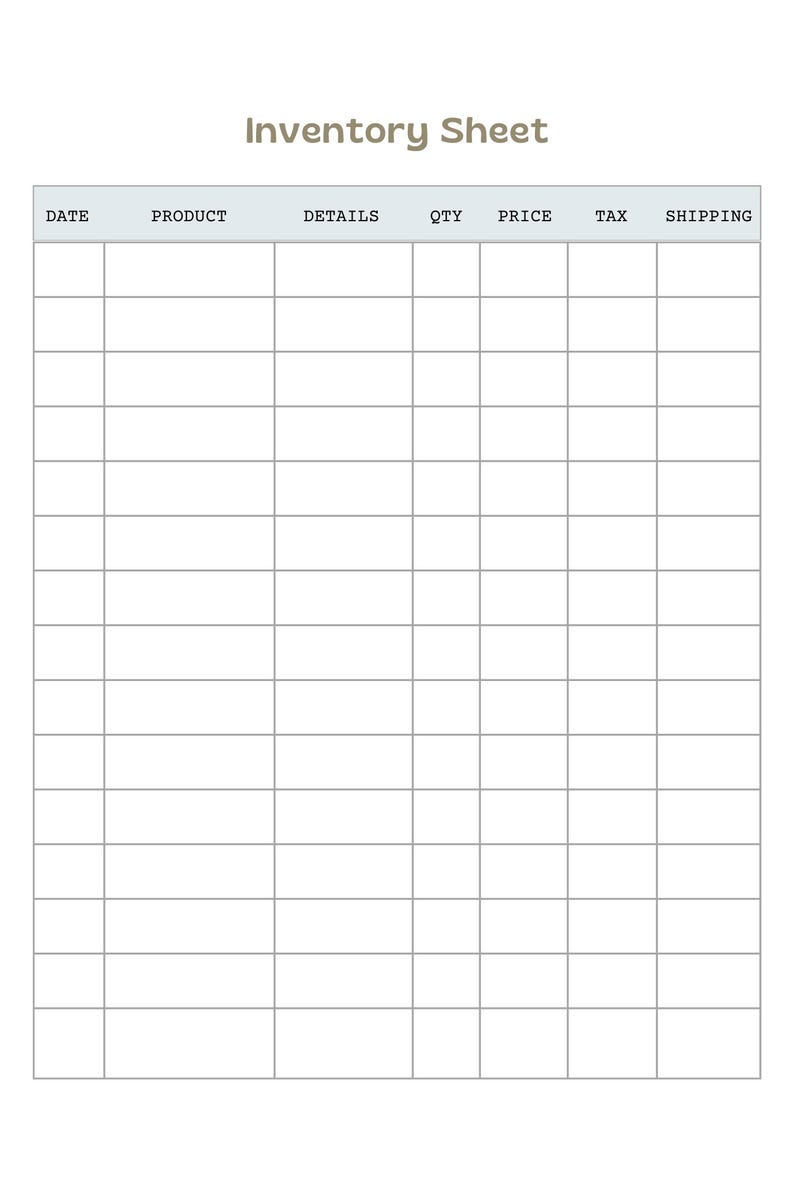 Minimalist Inventory Sheet Printable 6.125x9.25 in Small Business ...