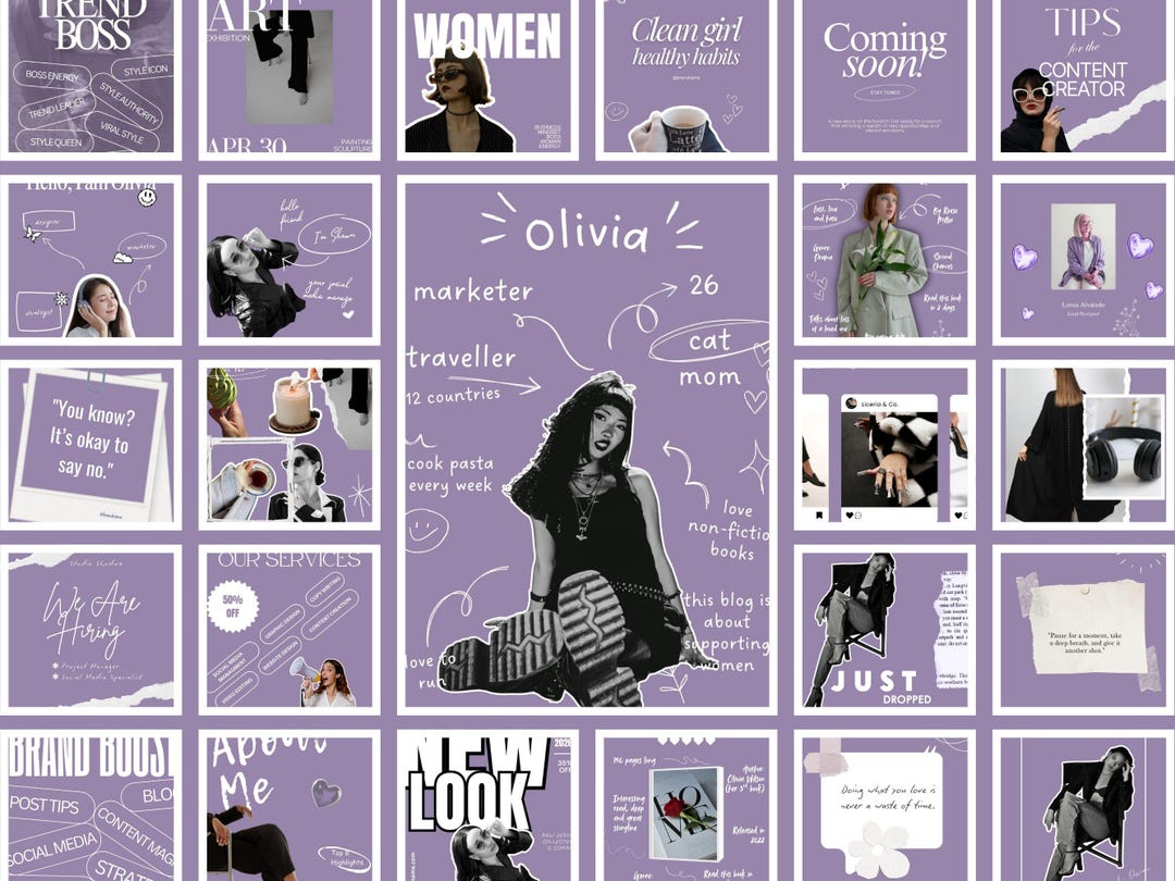 Bold Purple Instagram Post Templates | 60 Authentic Social Media Canva ...