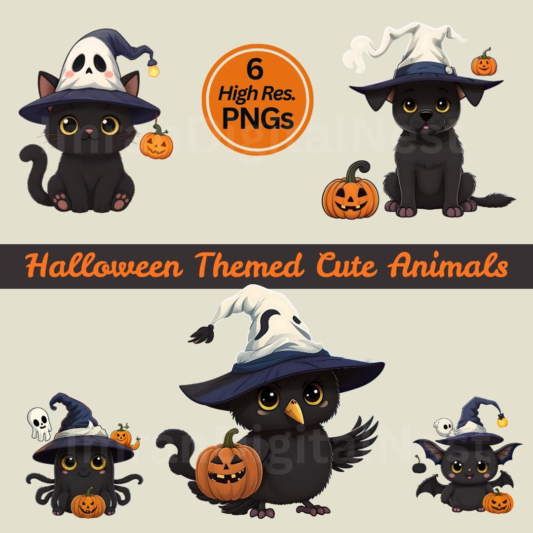 Cute Halloween Themed Animals Clipart | 6 High-resolution 300DPI Pngs ...