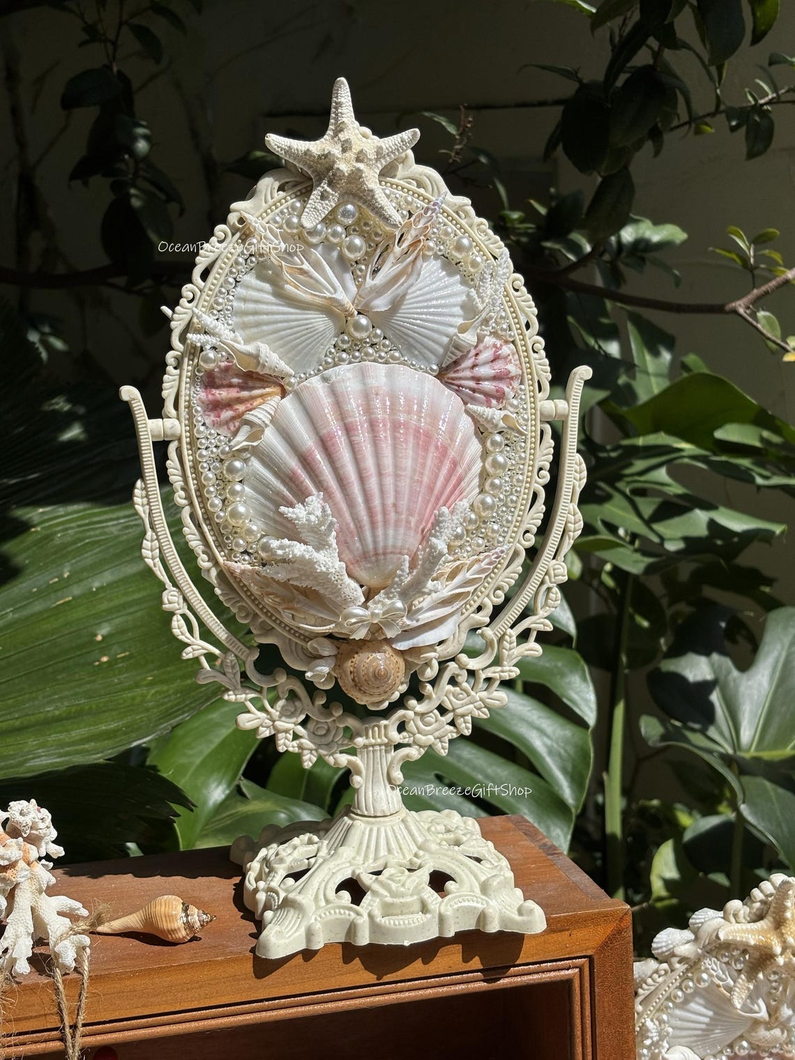 Handmade Seashell Pearl Vanity Mirror: 360 Rotating Mermaidcore Coastal ...