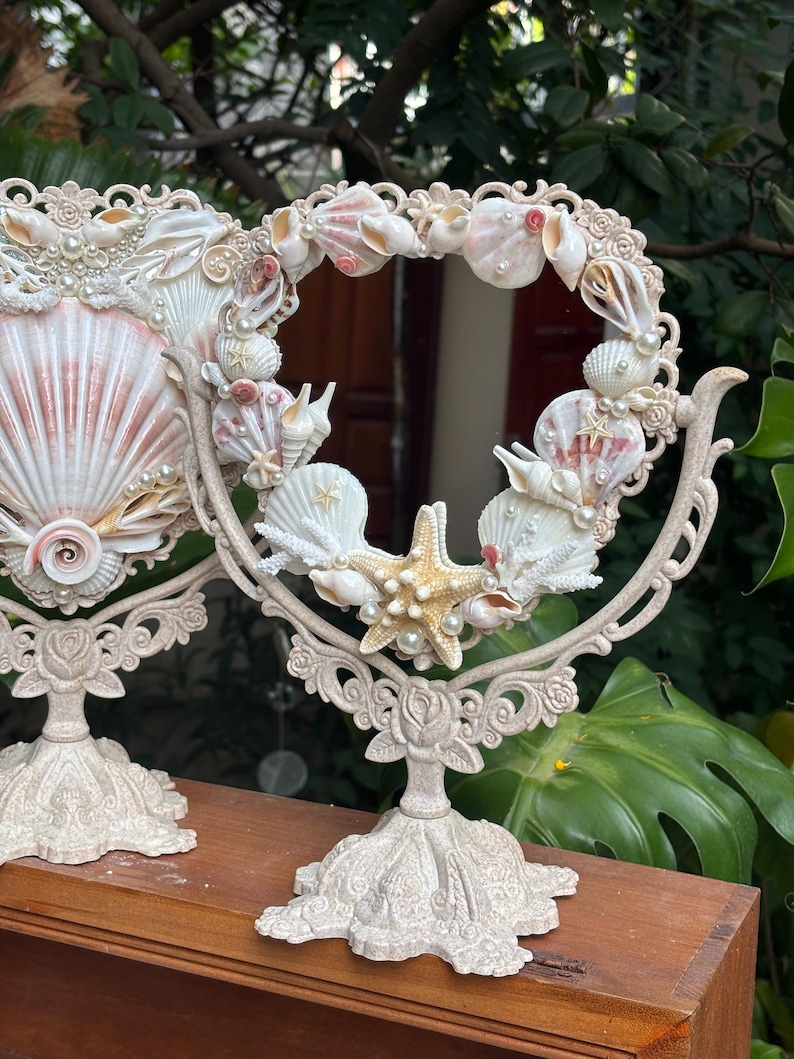 Handcrafted Seashell Vanity Mirror: Heart Shape, Coastal Decor, Pearls ...
