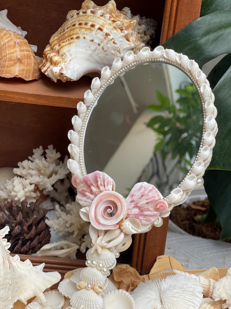 Handmade Seashell Handheld Mirror, Coastal Ocean Decor (9.8x4.7 Inches ...