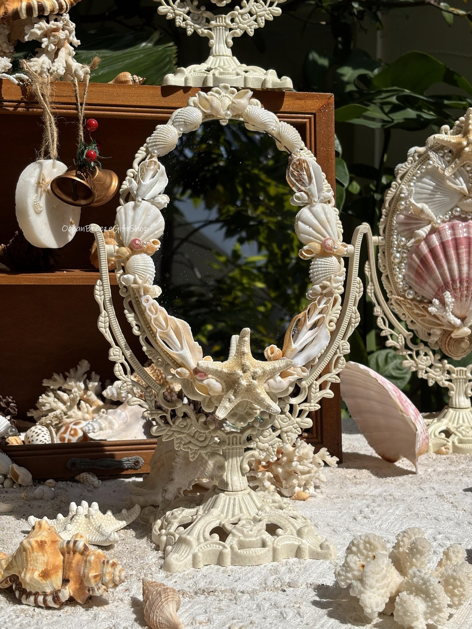 Handmade Seashell Pearl Vanity Mirror: 360 Rotating Mermaidcore Coastal ...