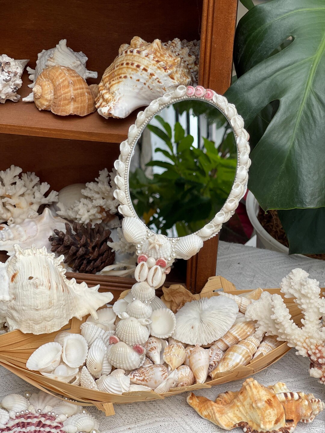 Handmade Seashell Mirror, Coastal Ocean Vanity Decor (9.8x4.7 Inches ...