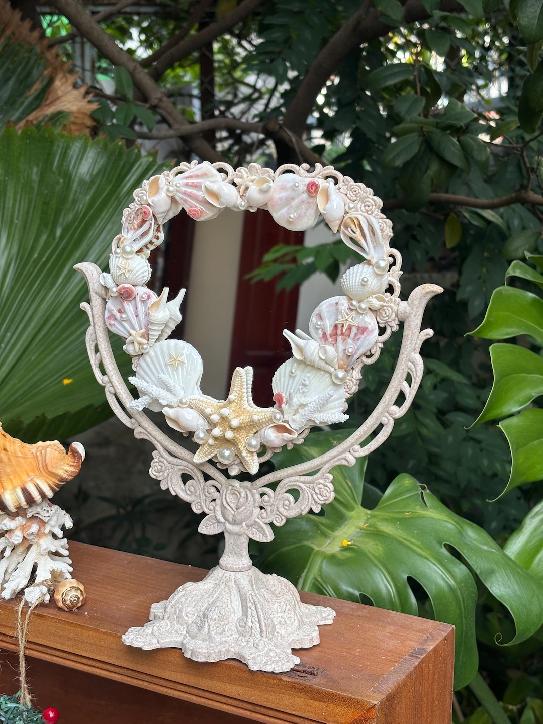 Handcrafted Seashell Vanity Mirror: Heart Shape, Coastal Decor, Pearls ...