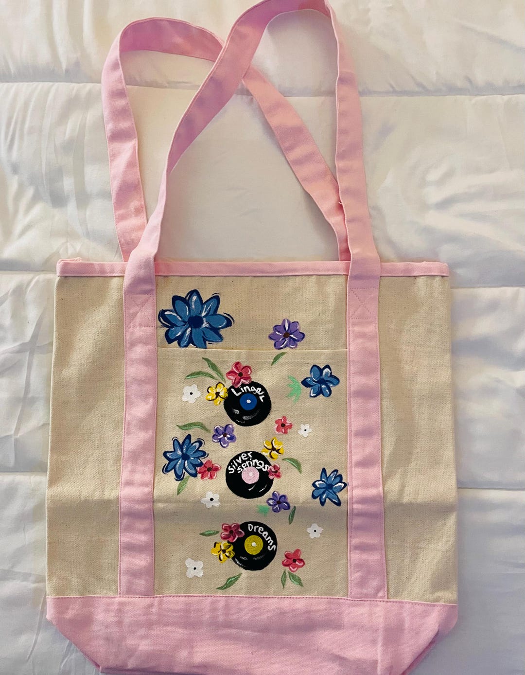Hand Painted Floral Record Tote Bag With Customizable Song Titles or ...