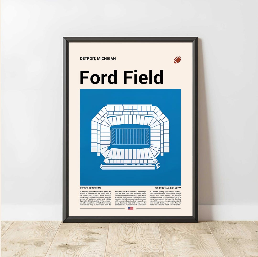Ford Field Stadium Print, Detroit Lions Poster, Mid Century Modern ...