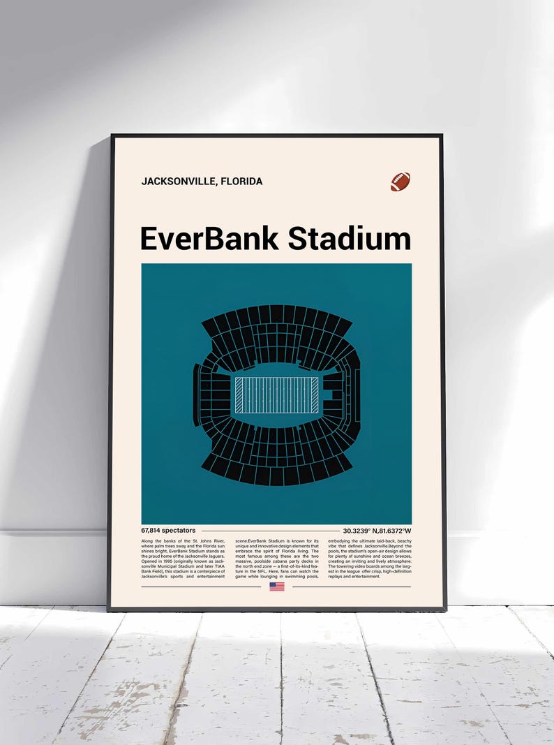 Everbank Stadium Print, Jacksonville Jaguars Poster, Mid Century Modern ...