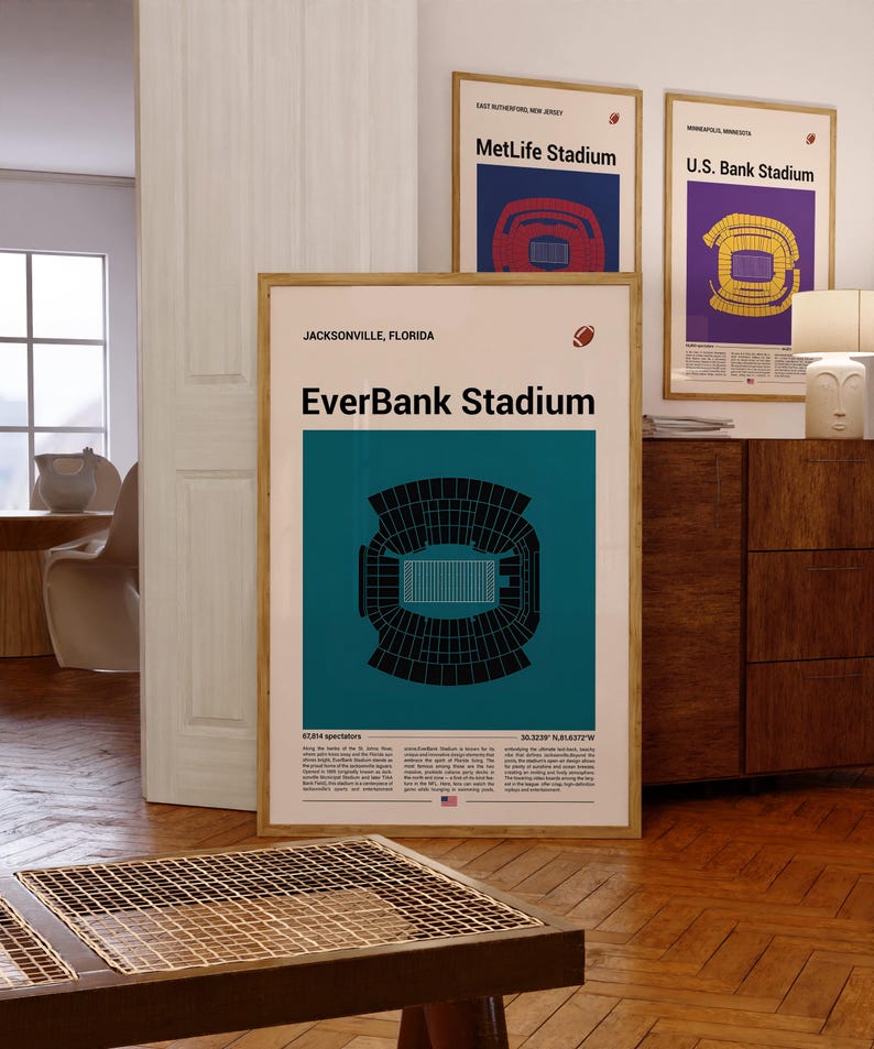 Everbank Stadium Print, Jacksonville Jaguars Poster, Mid Century Modern ...