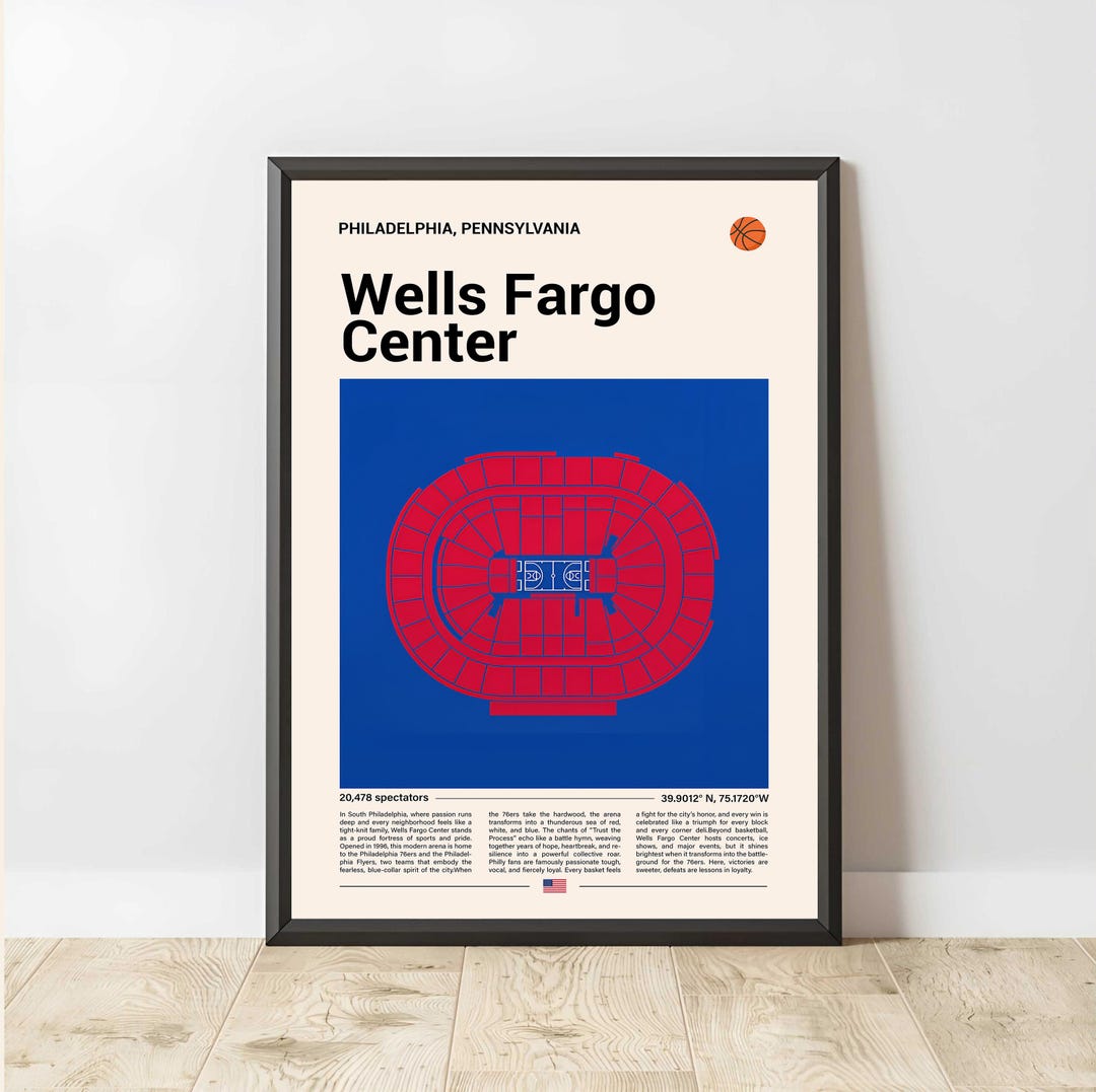 Sixers Wells Fargo Center Print, Philadelphia 76ers Poster, Mid Century ...