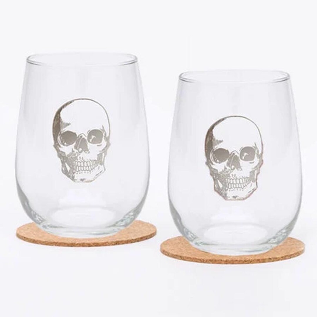 Skull Wine Glass With Silver Metallic Print - Stemless Wine Glass ...