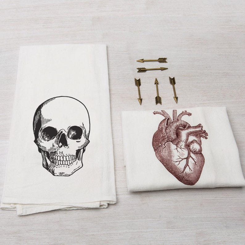 Halloween Flour Sack Tea Towel Set | Crow Skull & Heart Kitchen Dish ...