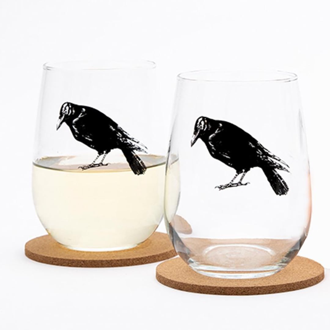 Crow Wine Glass - Set of Two Stemless Wine Glass - Wine Glass Set ...