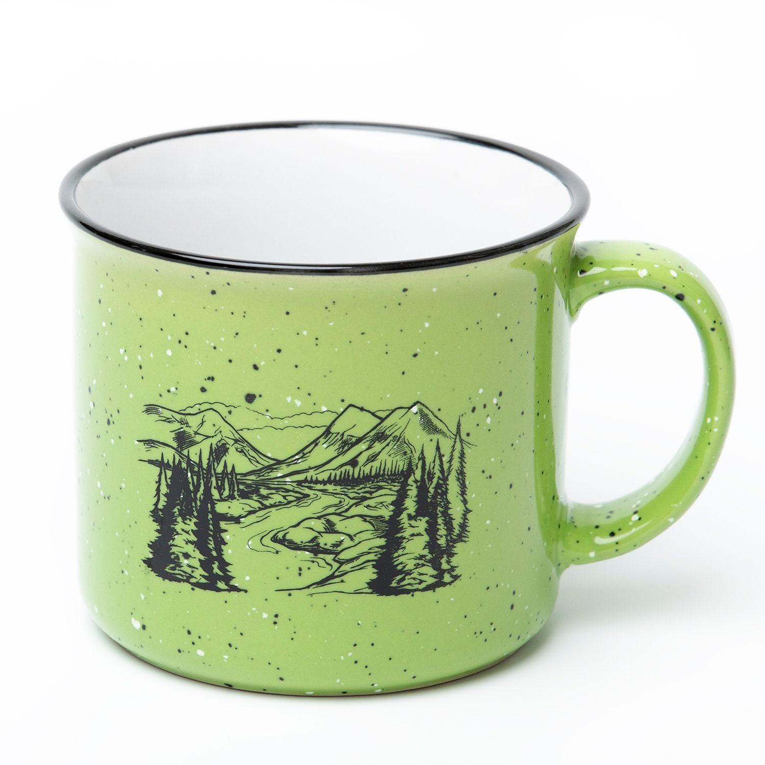 Mountains Ceramic Coffee Mug | Green Speckled Campfire Mug | Outdoor ...