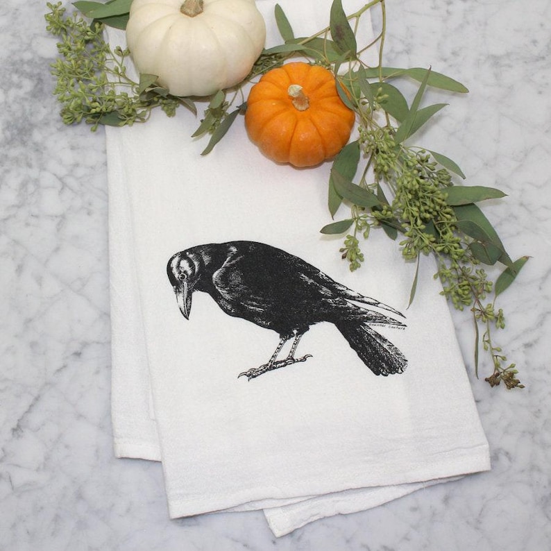Halloween Flour Sack Tea Towel Set | Crow Skull & Heart Kitchen Dish ...