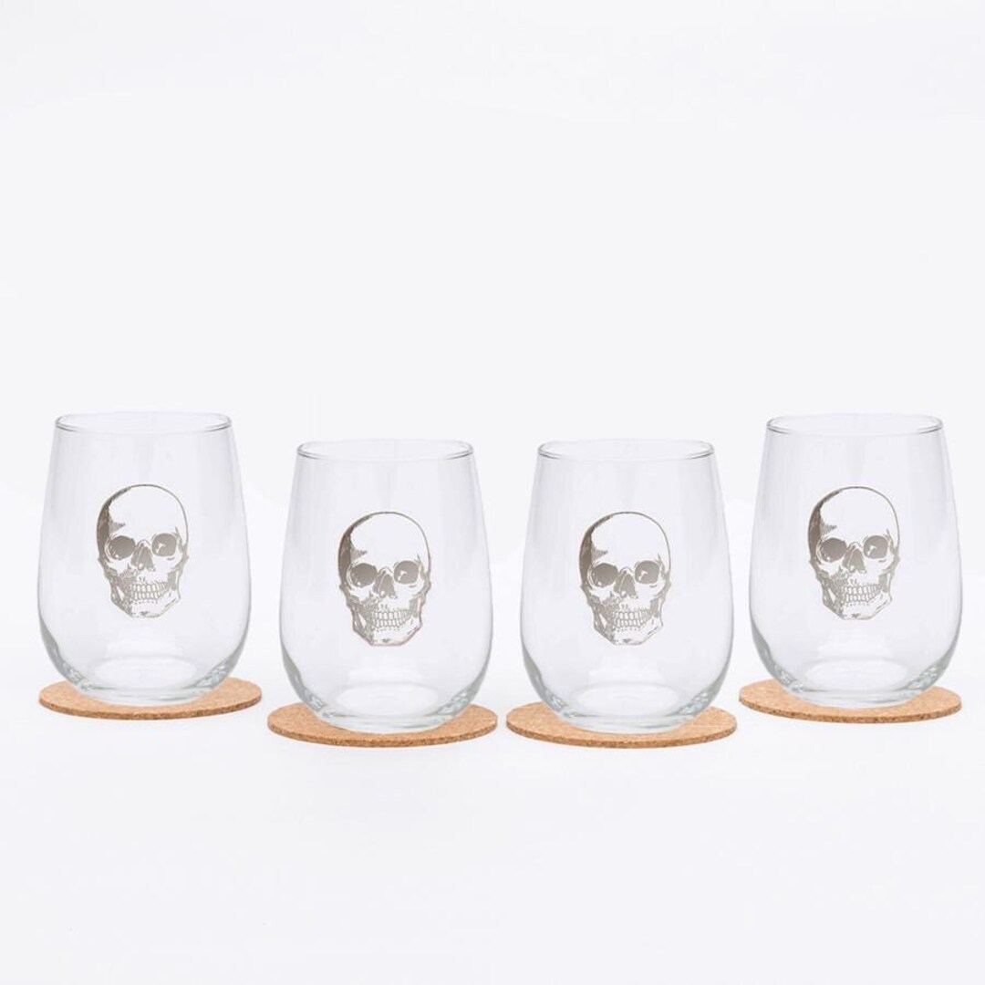 Black Skull Stemless Wine Glass Set of Two Wine Glasses Skull Glassware ...