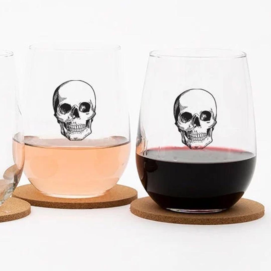Black Skull Stemless Wine Glass - Set of Two Glasses - Skull Glassware ...