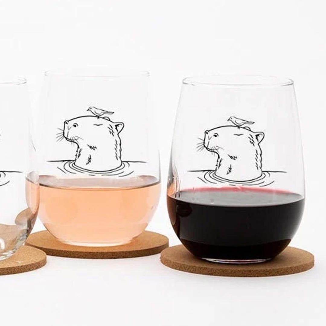 Capybara Wine Glass - Set of Two Stemless Wine Glass - Capybara ...