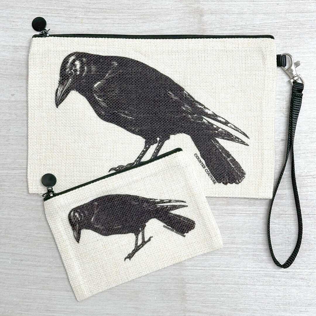 Linen Crow Zipper Pouch: Bird Print Cosmetic Bag, Pencil Case - Etsy