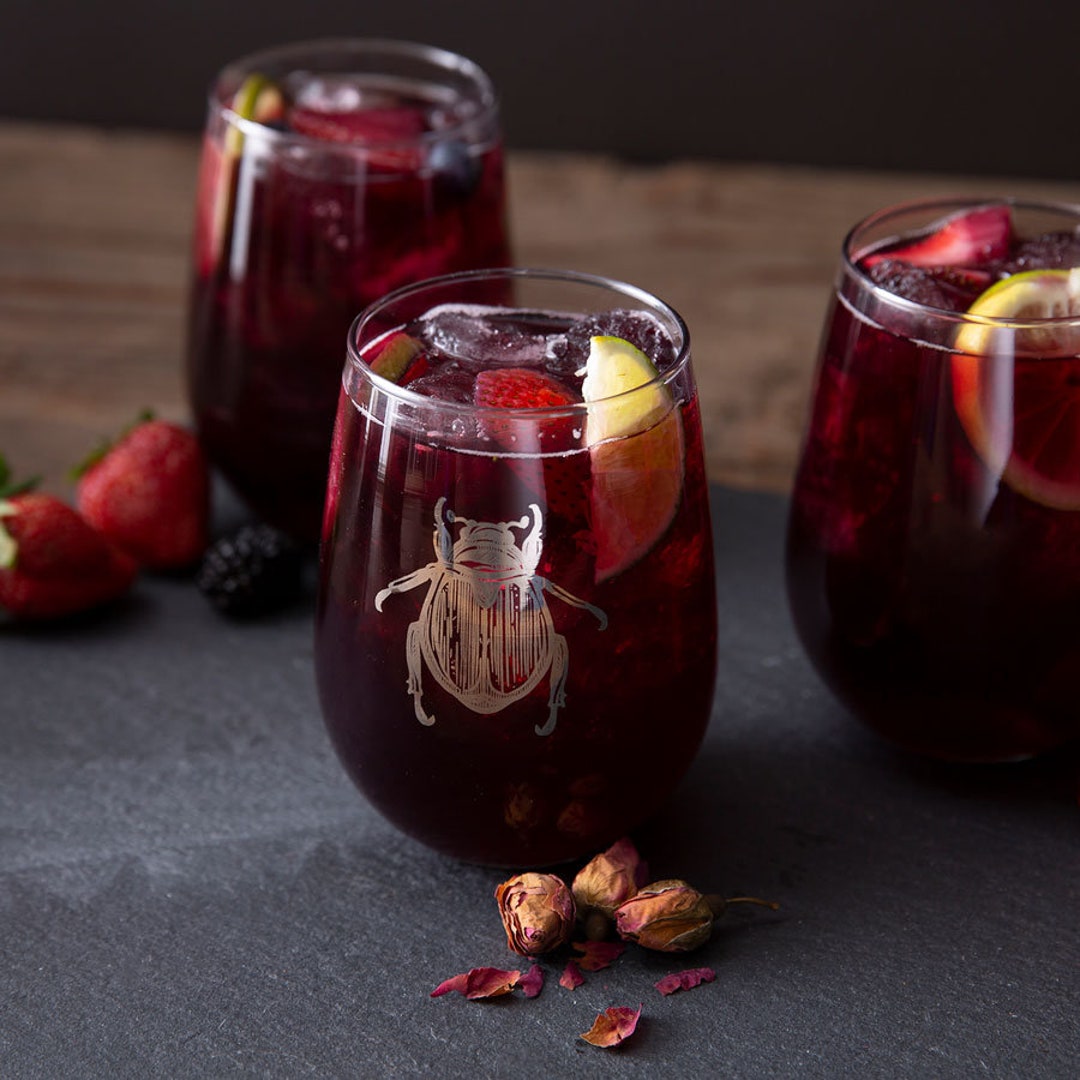 Beetle Wine Glass With Silver Metallic Print Stemless Wine Glass Scarab ...