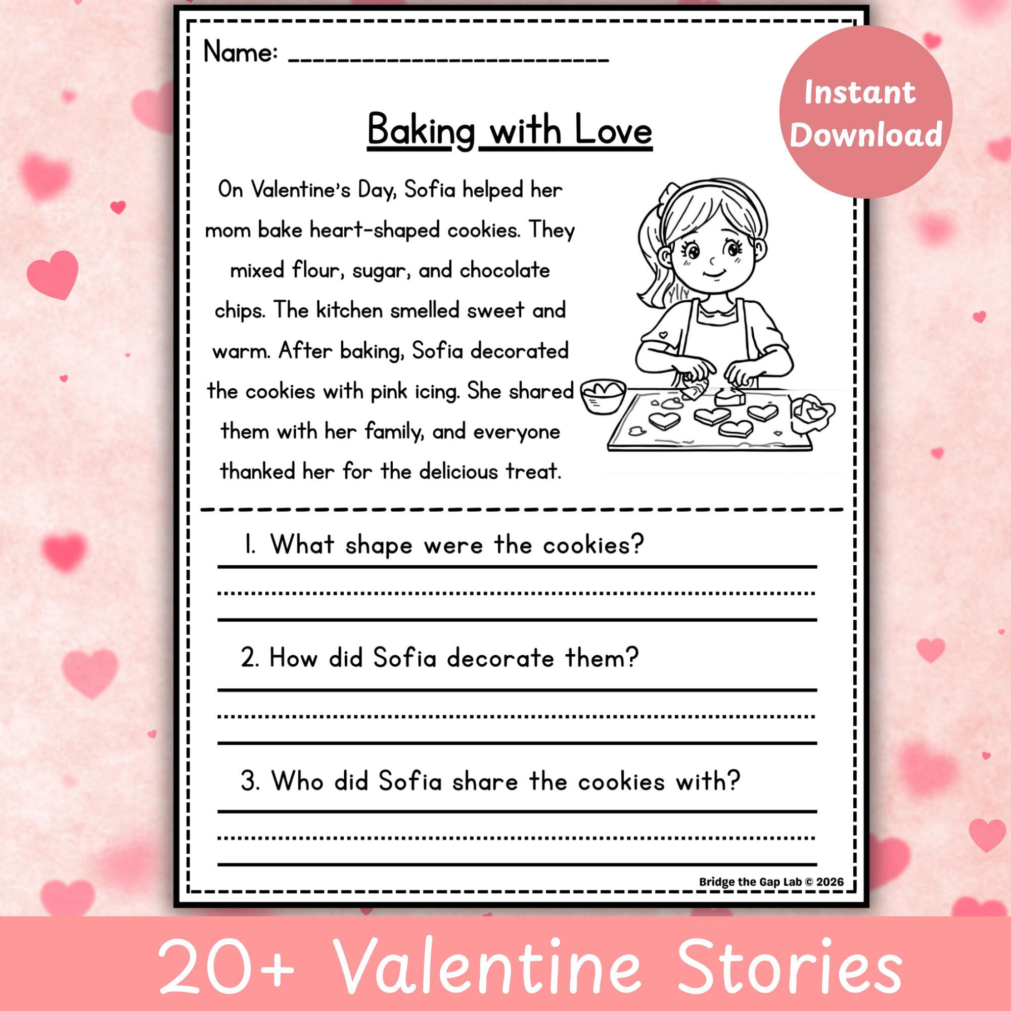 Valentine Reading Comprehension Worksheets Grade 1–3 Valentine Stories ...