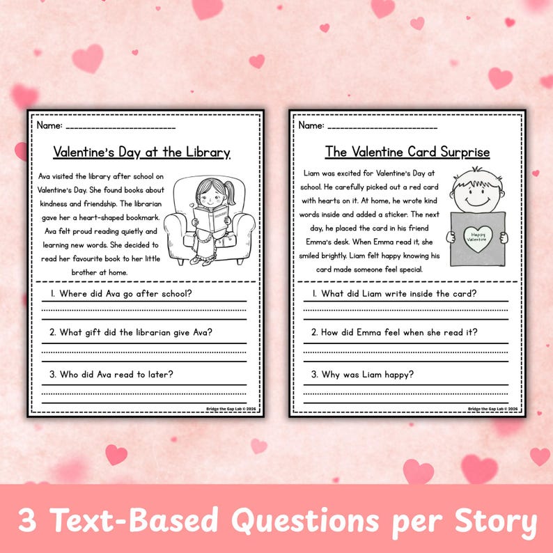 Valentine Reading Comprehension Worksheets Grade 1–3 Valentine Stories ...