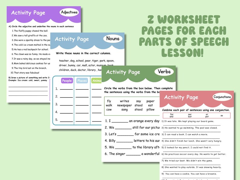 Parts of Speech Workbook for Kids: Grammar Activities (PDF) - Etsy