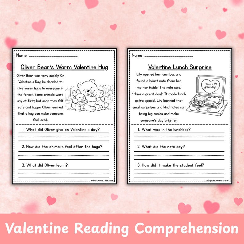 Valentine Reading Comprehension Worksheets Grade 1–3 Valentine Stories ...